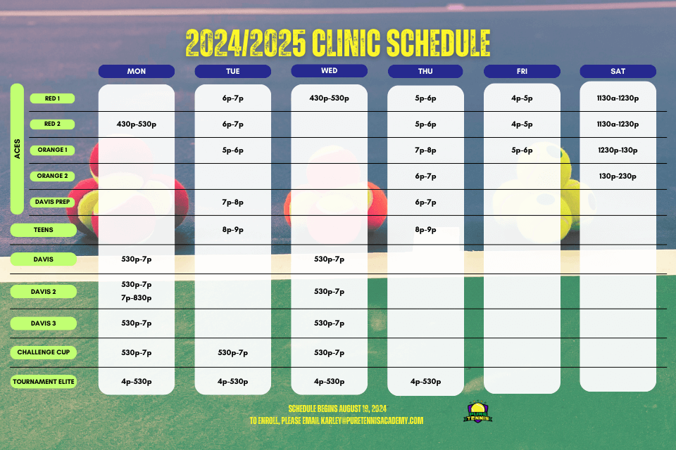 Junior Tennis Schedule | Pure Tennis Academy | Pure Athletex